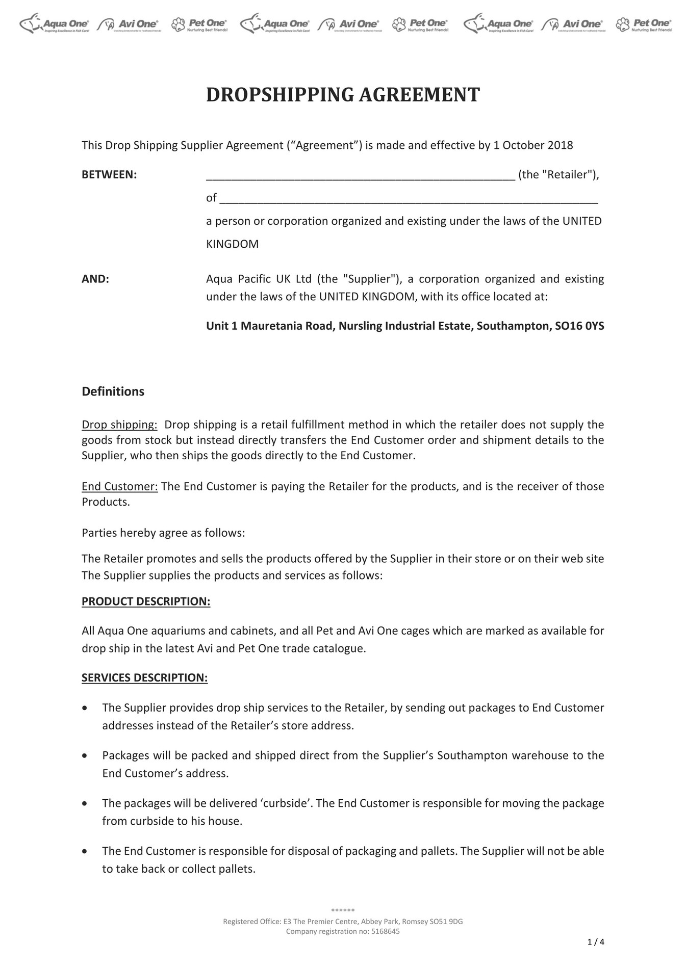 Aqua Pacific UK Ltd - Aqua One Drop Ship Agreement - Page 1 - Created ...