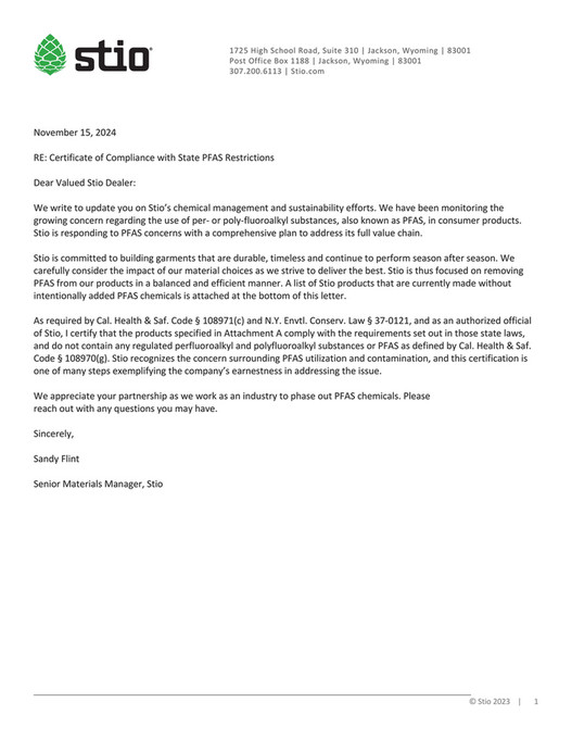 Stio - Stio PFAS Certificate of Compliance_NY_CA_2024 - Page 1