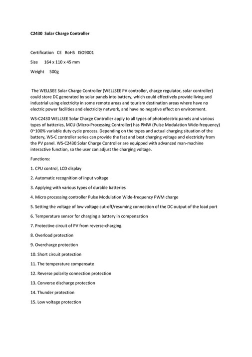 Solar Camping Australia - Wellsee Solar Charge Controller Specifications - Page 1 - Created with ...
