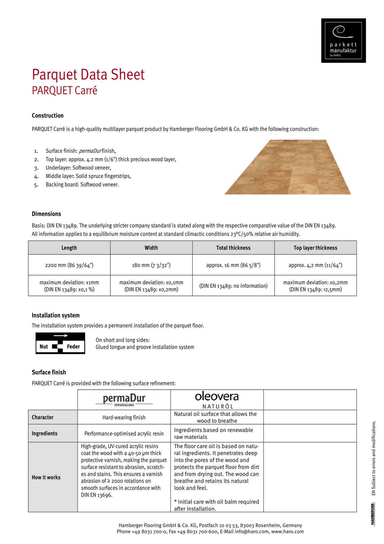 HARO Flooring New Zealand - Parquet Data Sheet PARQUET Carré - Page 1 ...