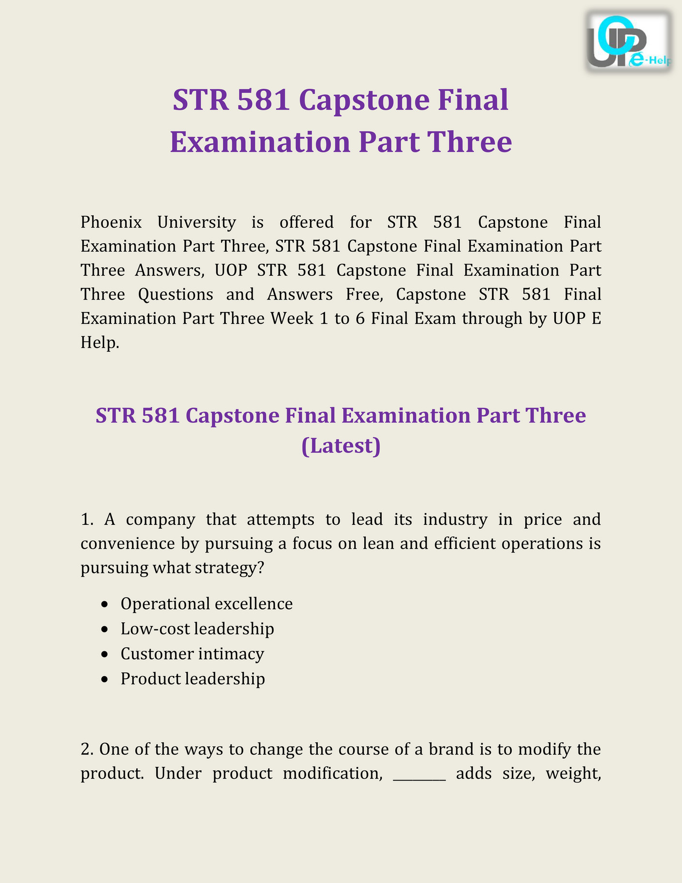 UOP E Help - STR 581 Capstone Final Examination Part Three - UOP E Help ... UOP E Help - STR 581 Capstone Final Examination Part Three - UOP E Help ...