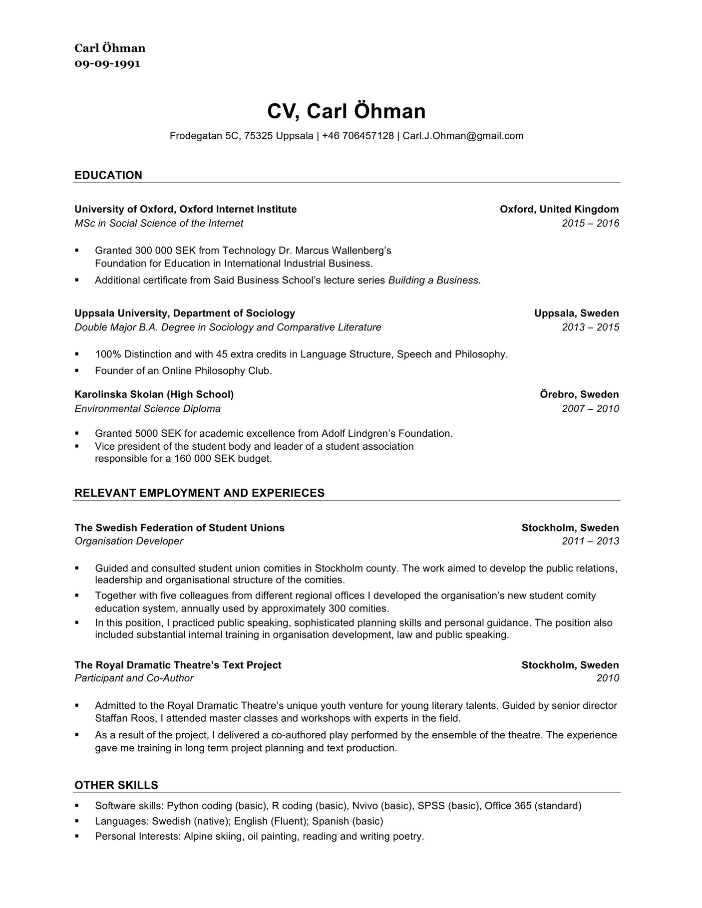 carlohman - CV Carl Ohman - Page 1 - Created with Publitas.com