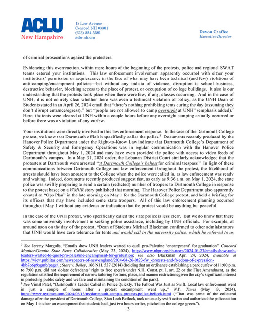 Newspapers of New England - ACLU Letter to Dartmouth and UNH - July 17 ...