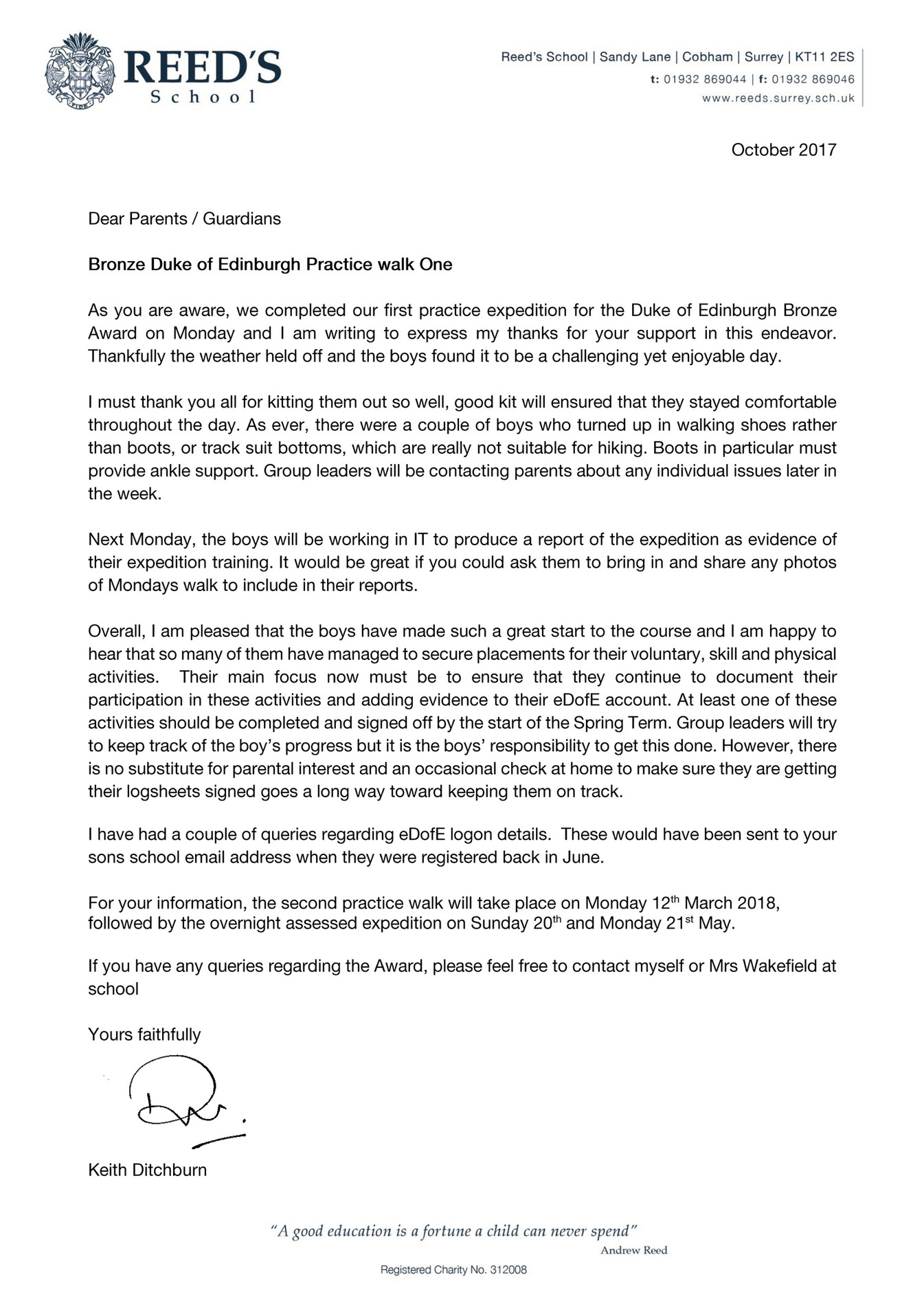 Reed's School - DofE Bronze Walk One Letter - Page 1 - Created with ...