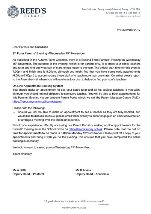 Reed's School - 171107_2rd Form Parents' Evening letter - Page 1 ...
