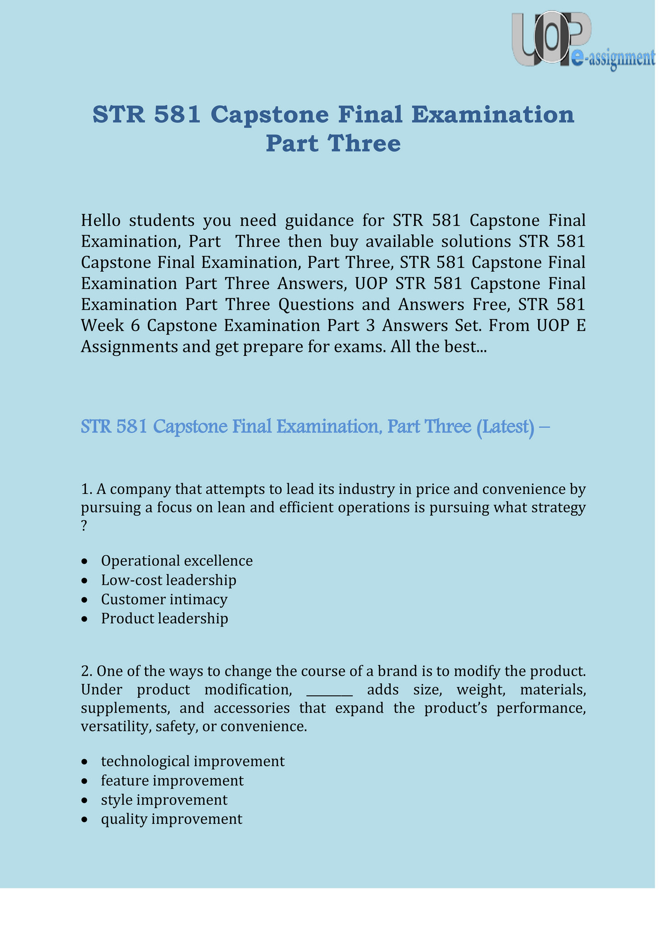UOP E Assignments - STR 581 Capstone Final Exam Part 3 @ Answers | UOP ... UOP E Assignments - STR 581 Capstone Final Exam Part 3 @ Answers | UOP ...