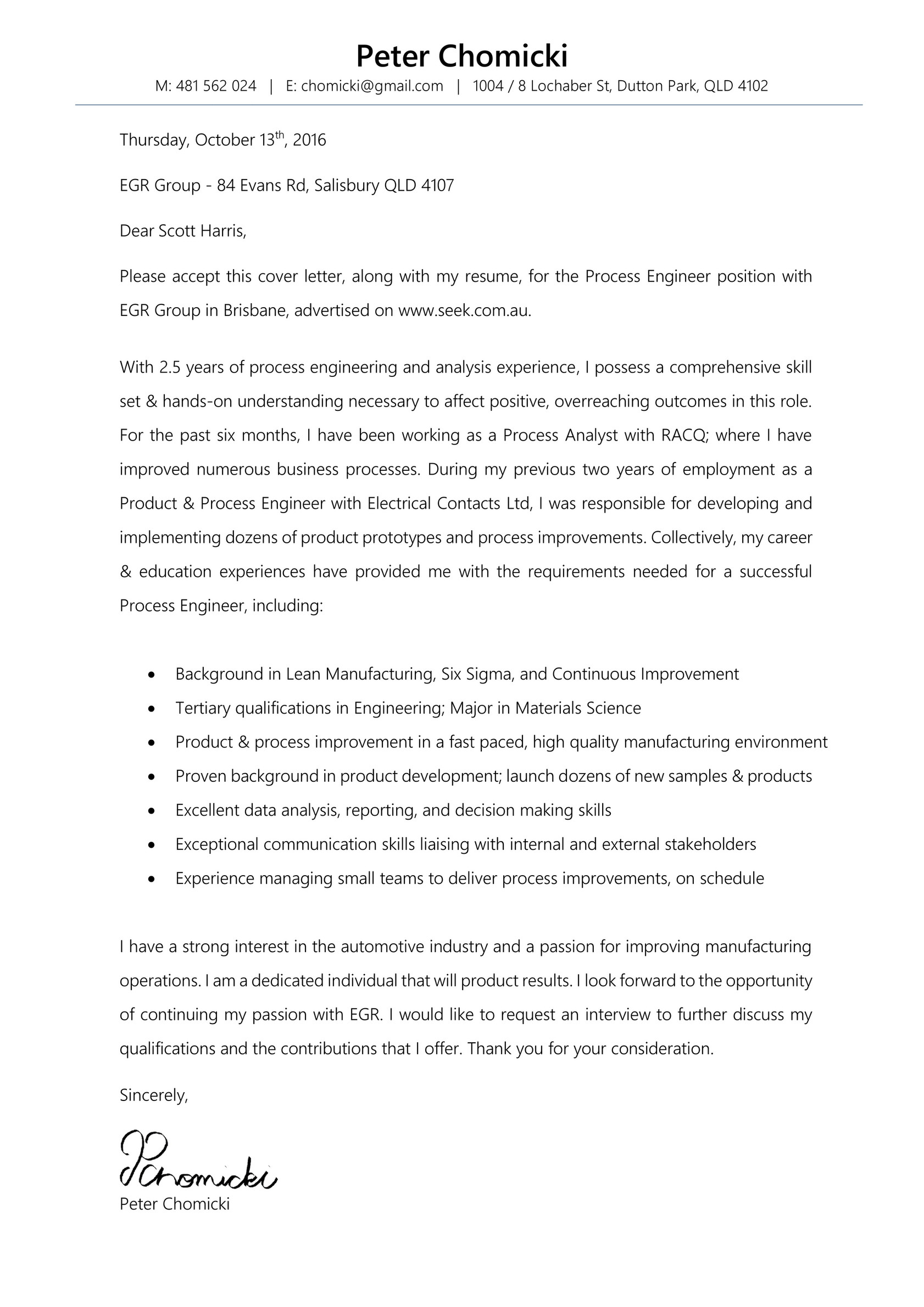 Cover Letter For Process Engineer Looking For Advice On My Cover