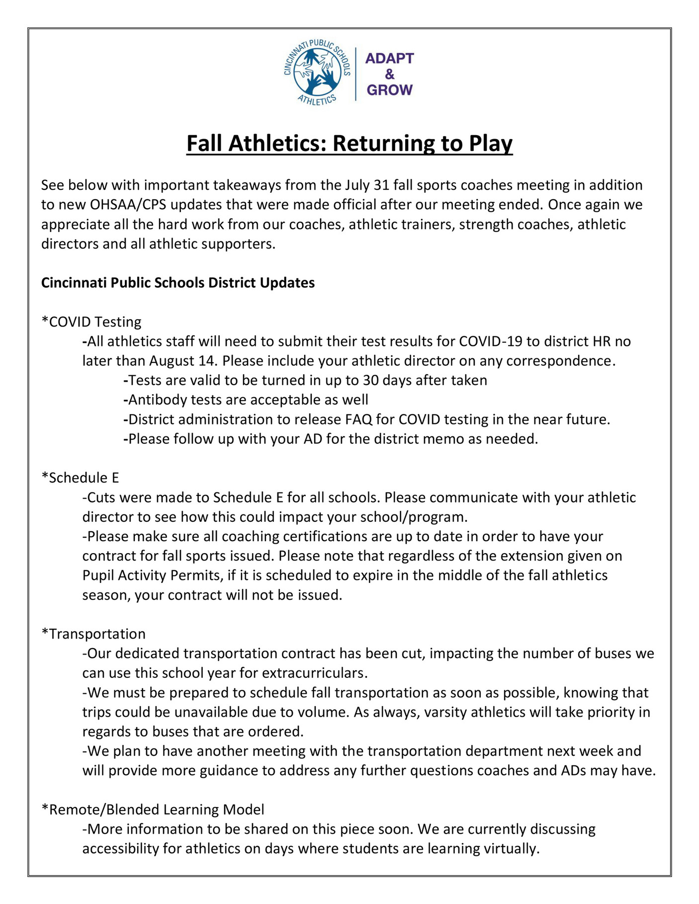 My publications - Fall Coaches Memo - Returning to Play 7.31.20 (1 ...