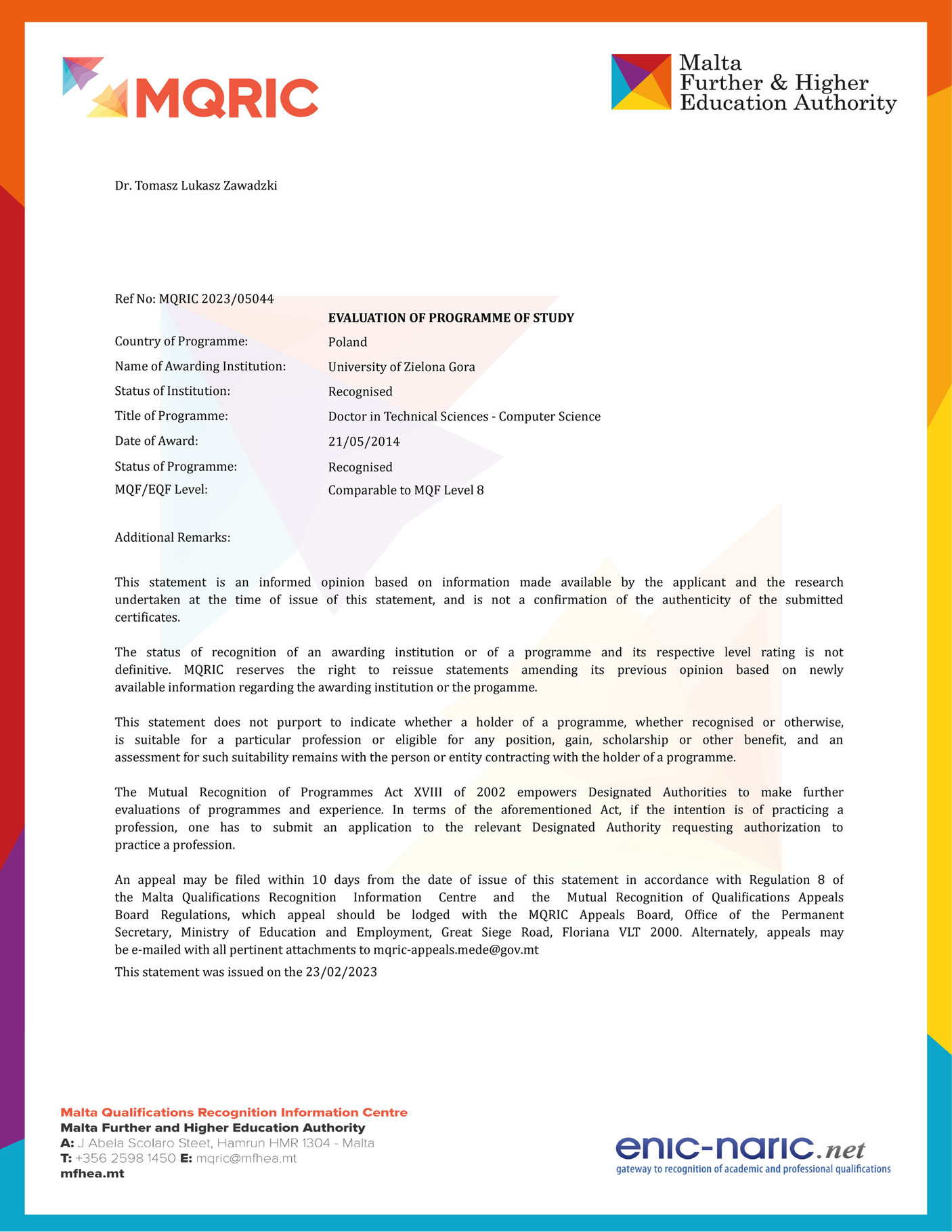 My publications - Tomasz Zawadzki - Certificate - [2023] Malta MQIRC ...