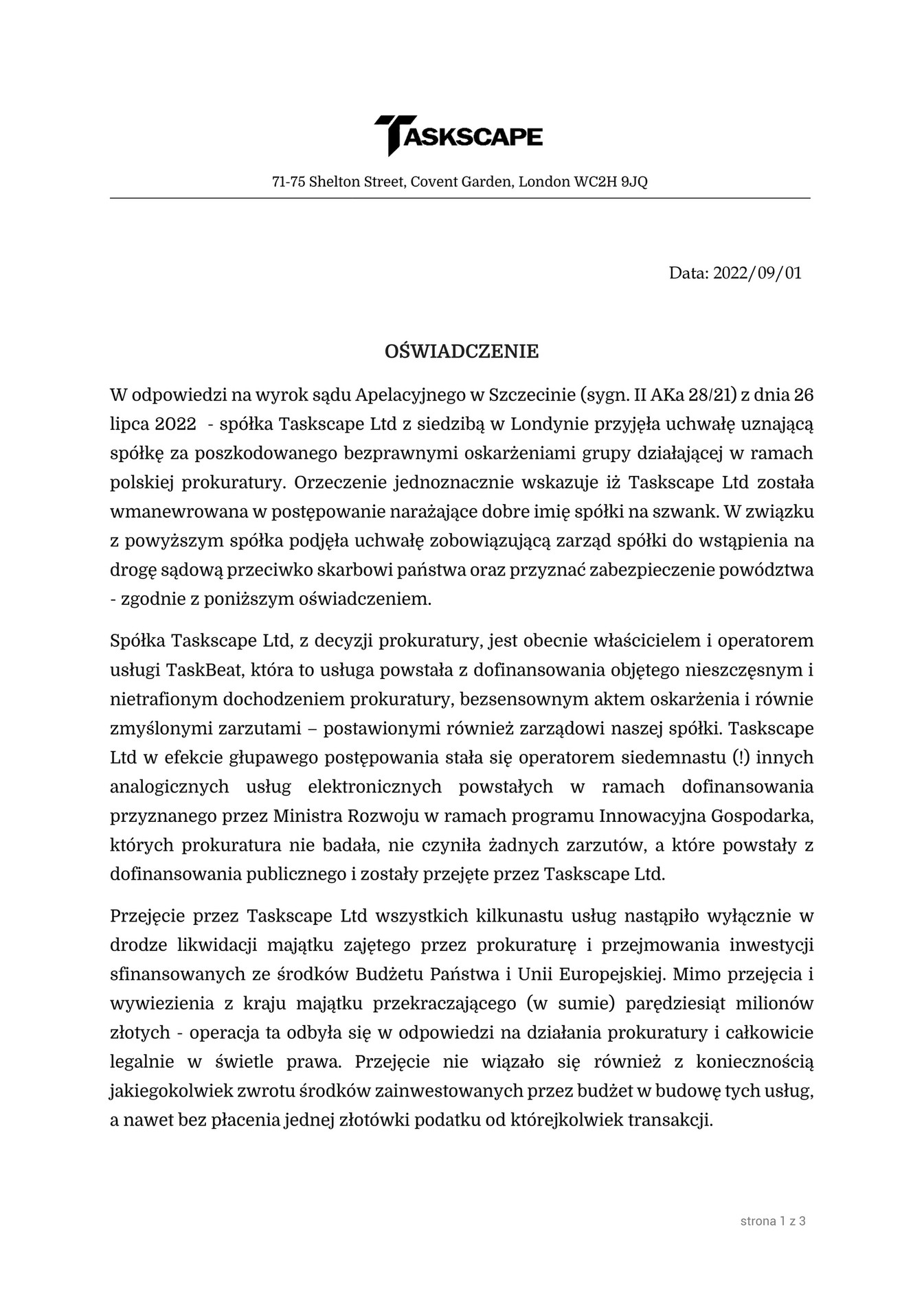 Taskscape Ltd - Oświadczenie spółki Taskscape Ltd - Strona 1 - Created with Publitas.com