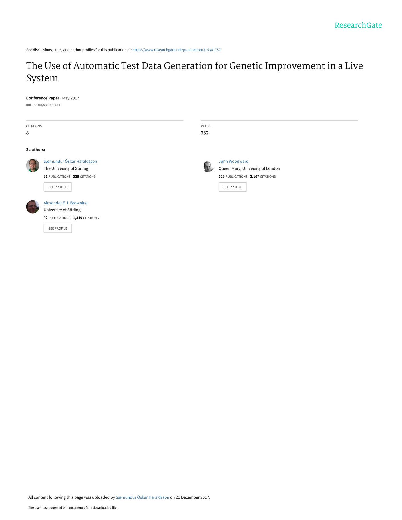 The Use Of Automatic Test Data Generation For Genetic Improvement In A