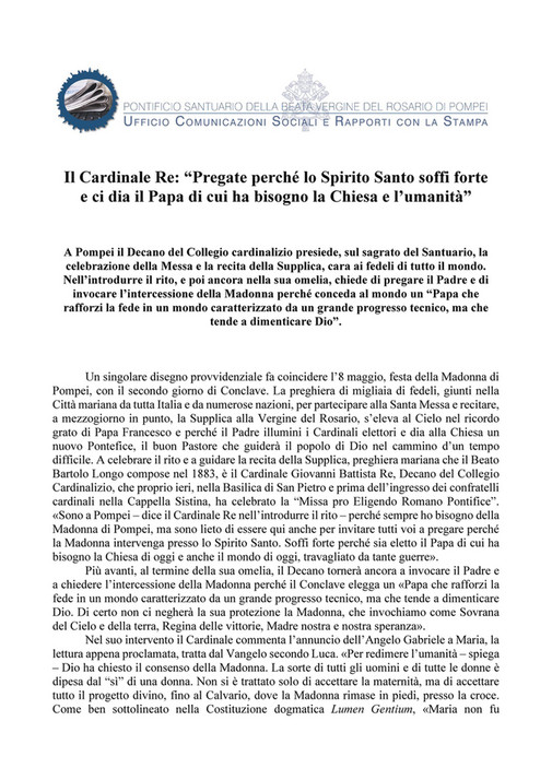 Pontificio Santuario di Pompei - Cronaca Supplica 8 maggio 2025 - Pagina 1
