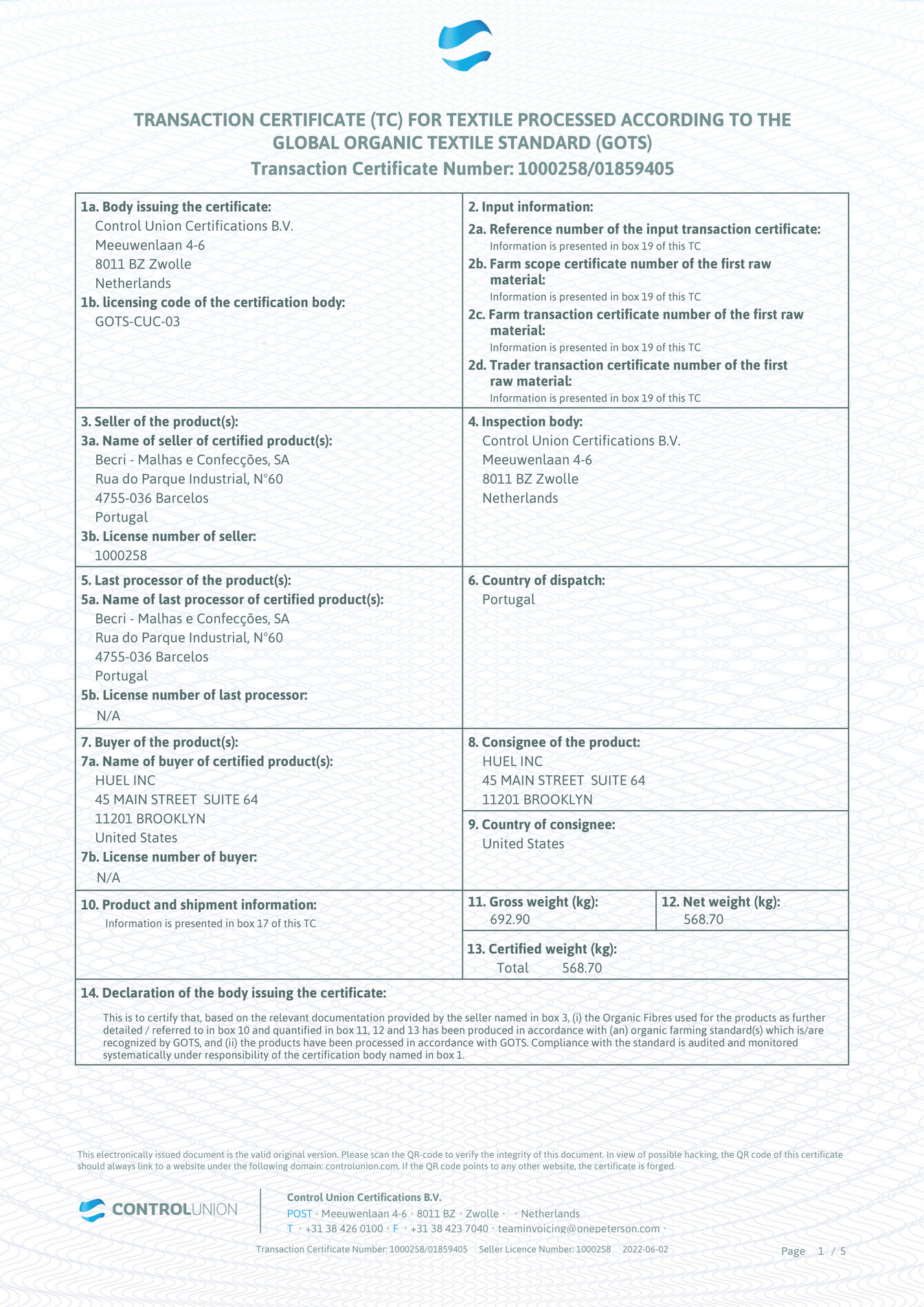 Huel - GOTS Organic Verified - Becri Transaction Certificate VIII ...