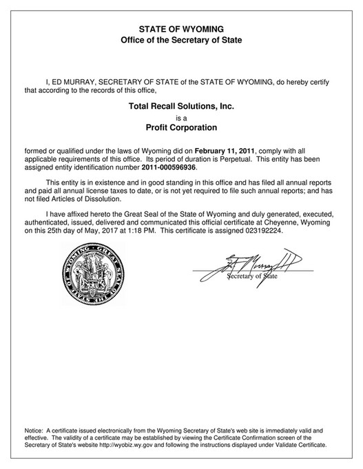 Total Recall Solutions - Certificate Of Good Standing - Page 1 ...