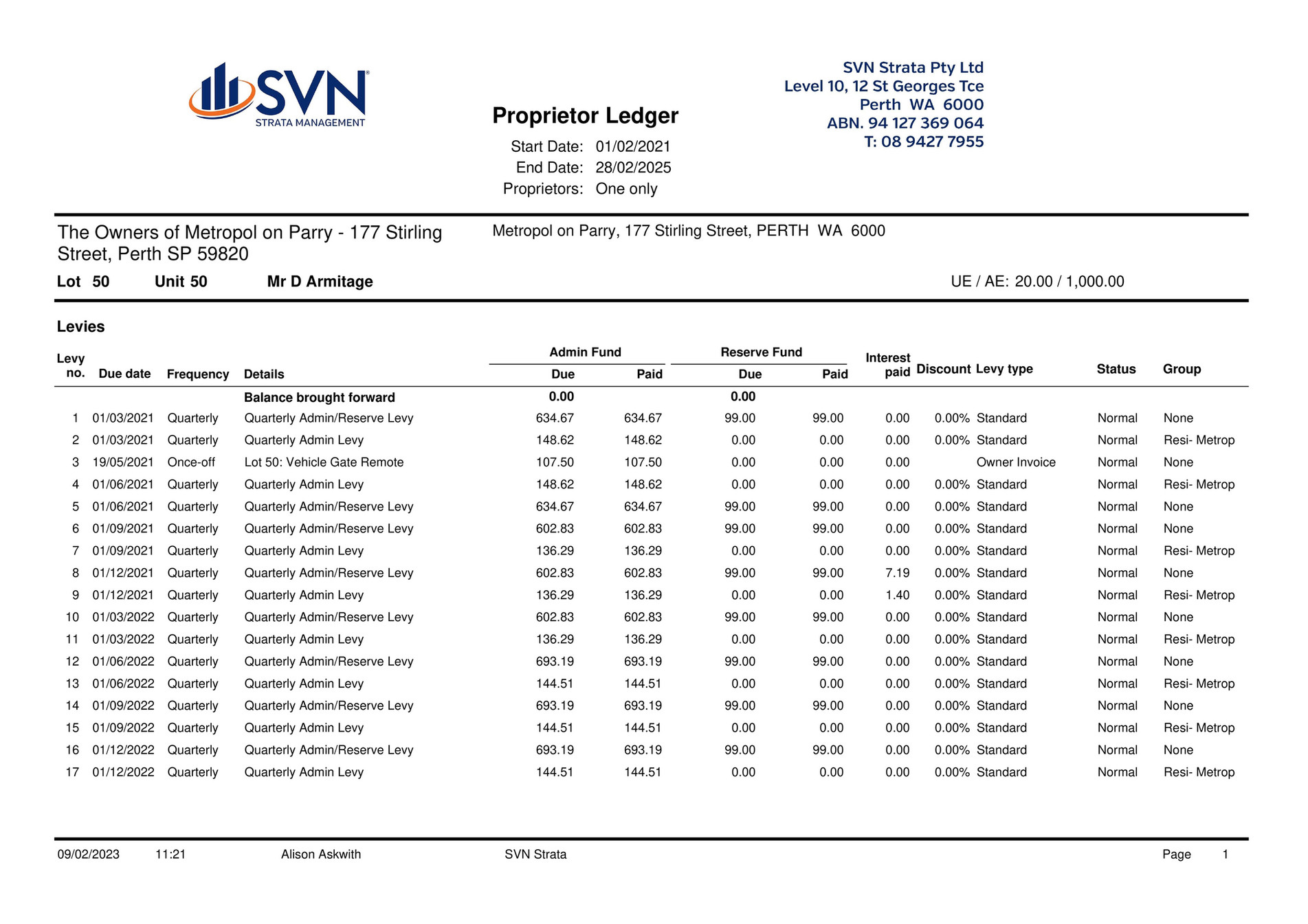 TeamIaconi - STRATA LEVY CALCS 50 - 177 Stirling Owner Ledger Report ...