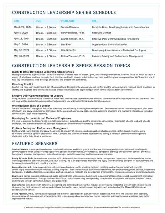Kirkwood Community College - Corporate Training Construction Leadership Series Flyer Spring 2024 ...