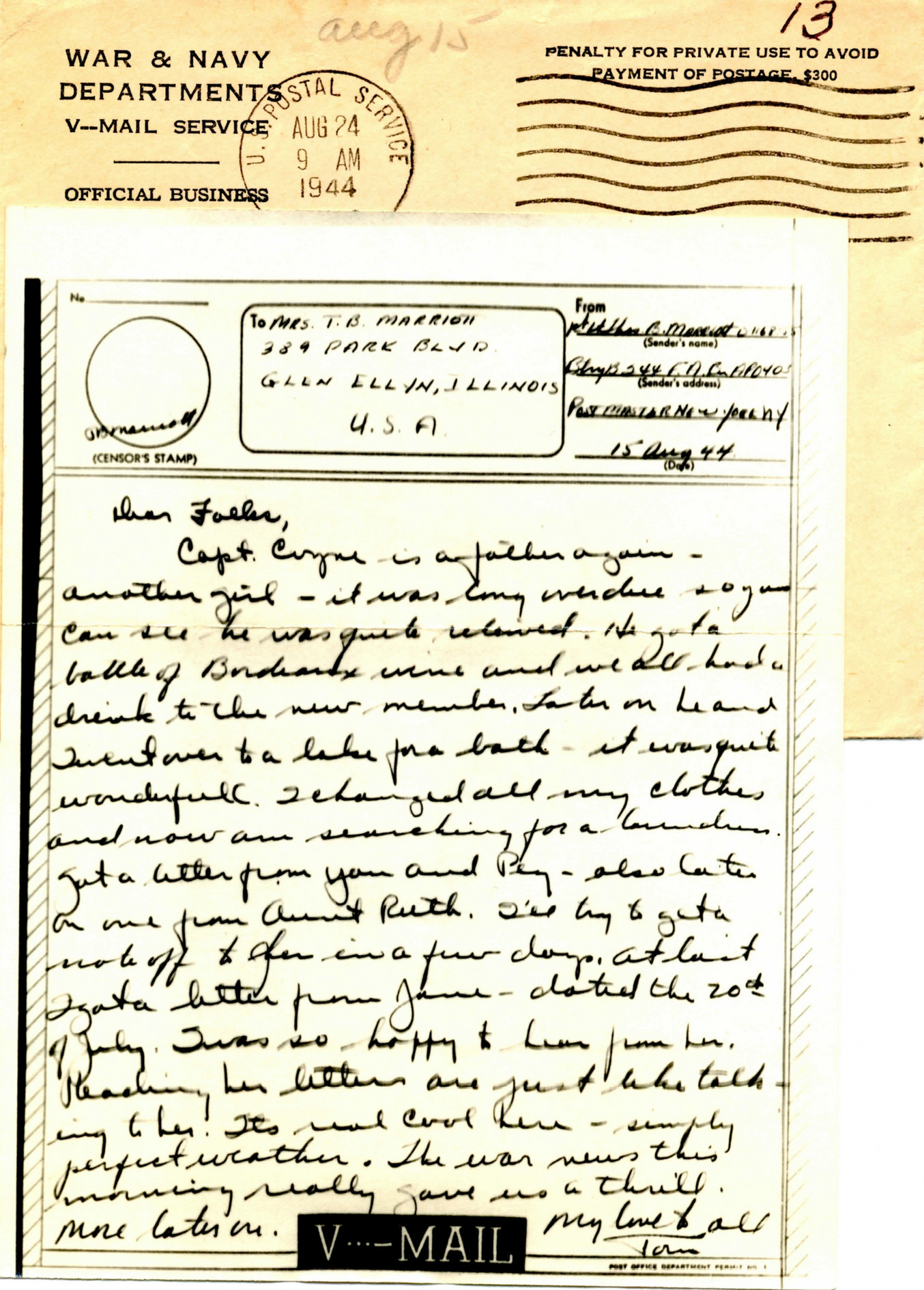 244thfieldartillerybattalion.com - 15 August 1944 V-Mail Letter Home ...