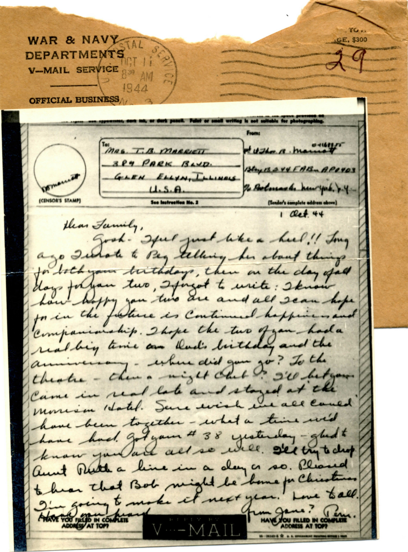 244thfieldartillerybattalion.com - 1 October 1944 V-Mail Letter Home ...