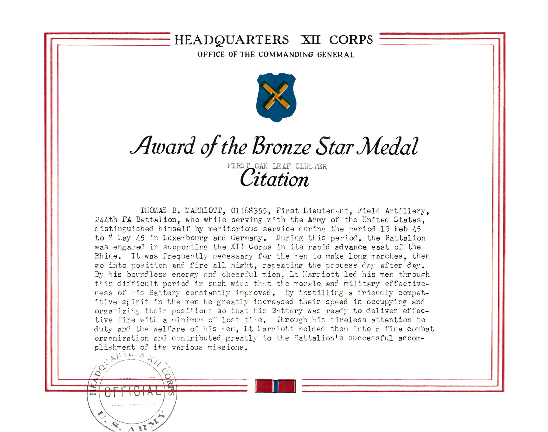 244thfieldartillerybattalion.com - Award Of Bronze Star Medal Citation ...