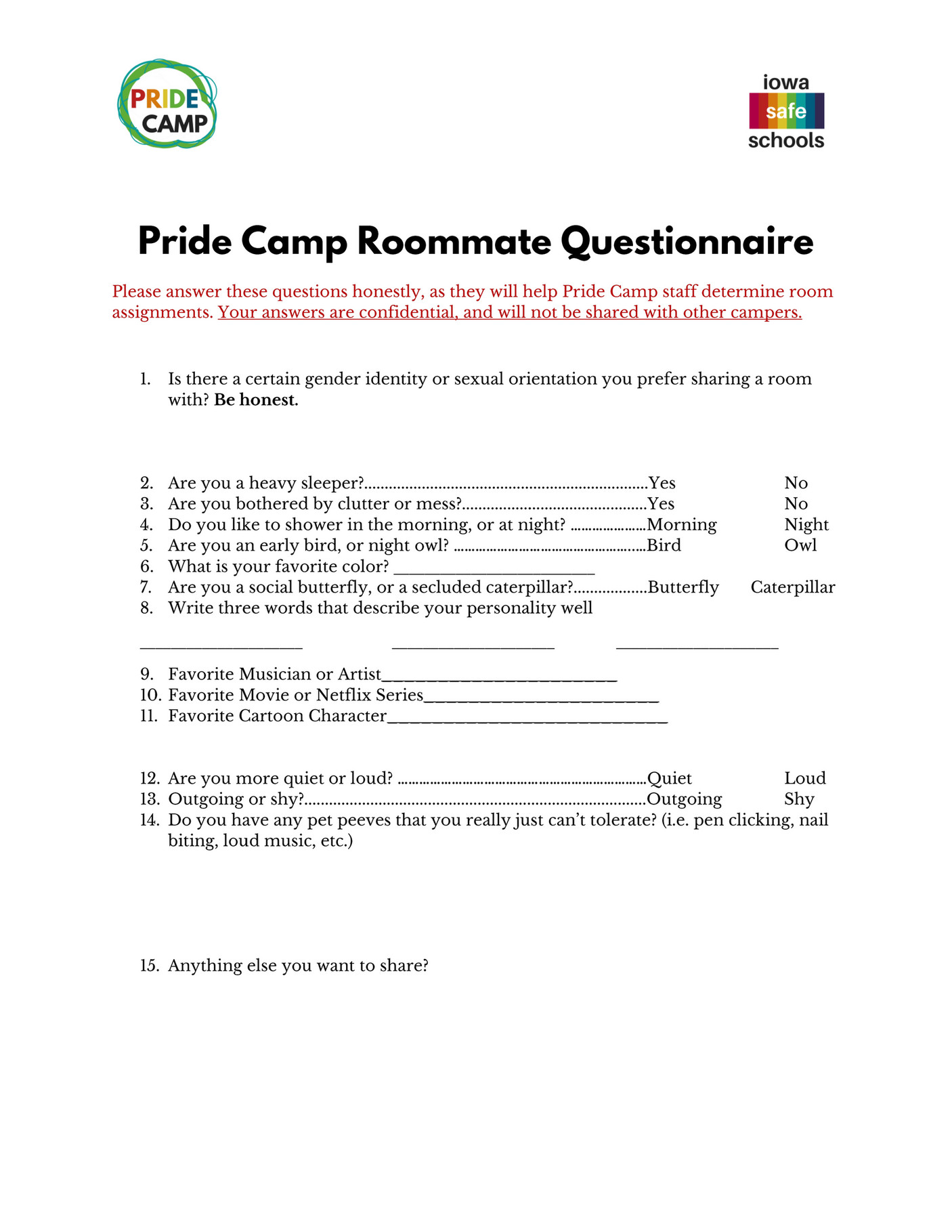 My publications - Pride Camp Roommate Questionnaire - Page 1 - Created ...