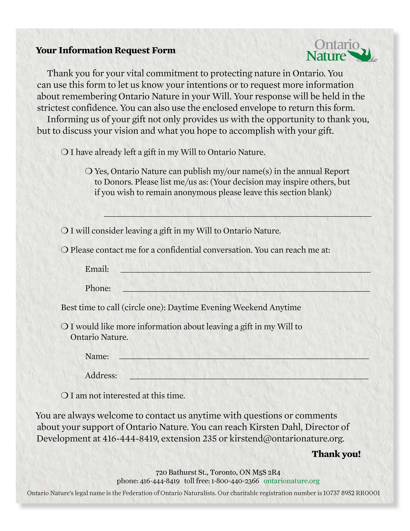 Ontario Nature - Legacy Giving - Information Request form - Page 1