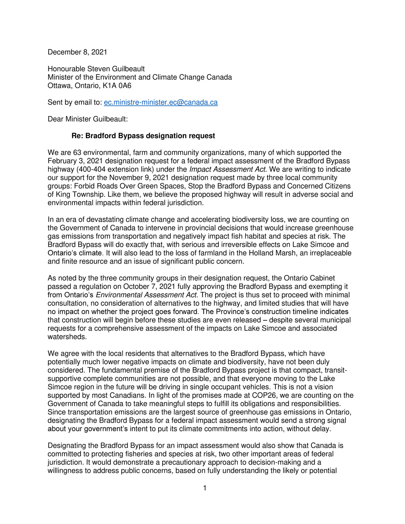 Joint letter supporting federal EA of Bradford Bypass - Page 1