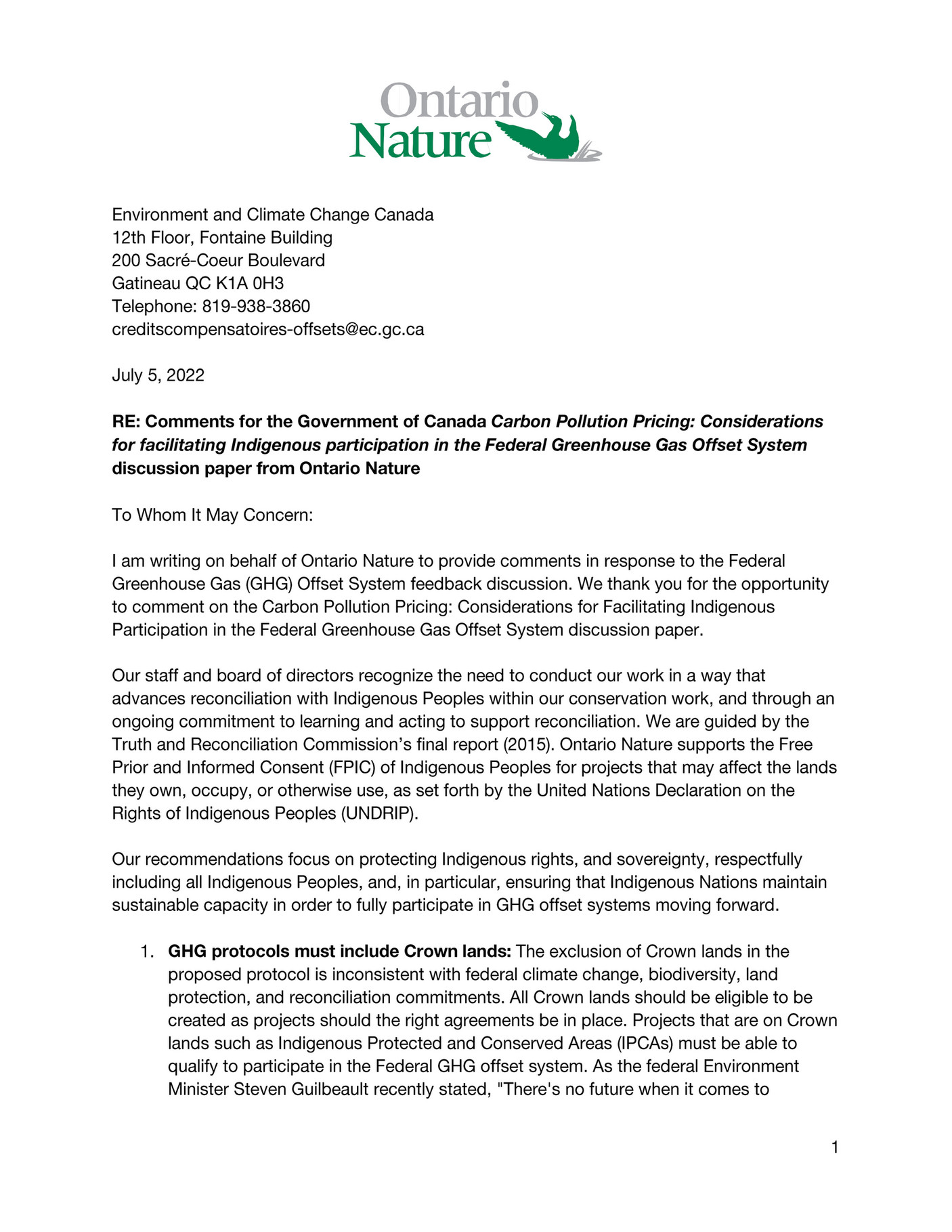 Ontario Nature submission: Federal Carbon Offsetting Protocol and ... Ontario Nature submission: Federal Carbon Offsetting Protocol and ...