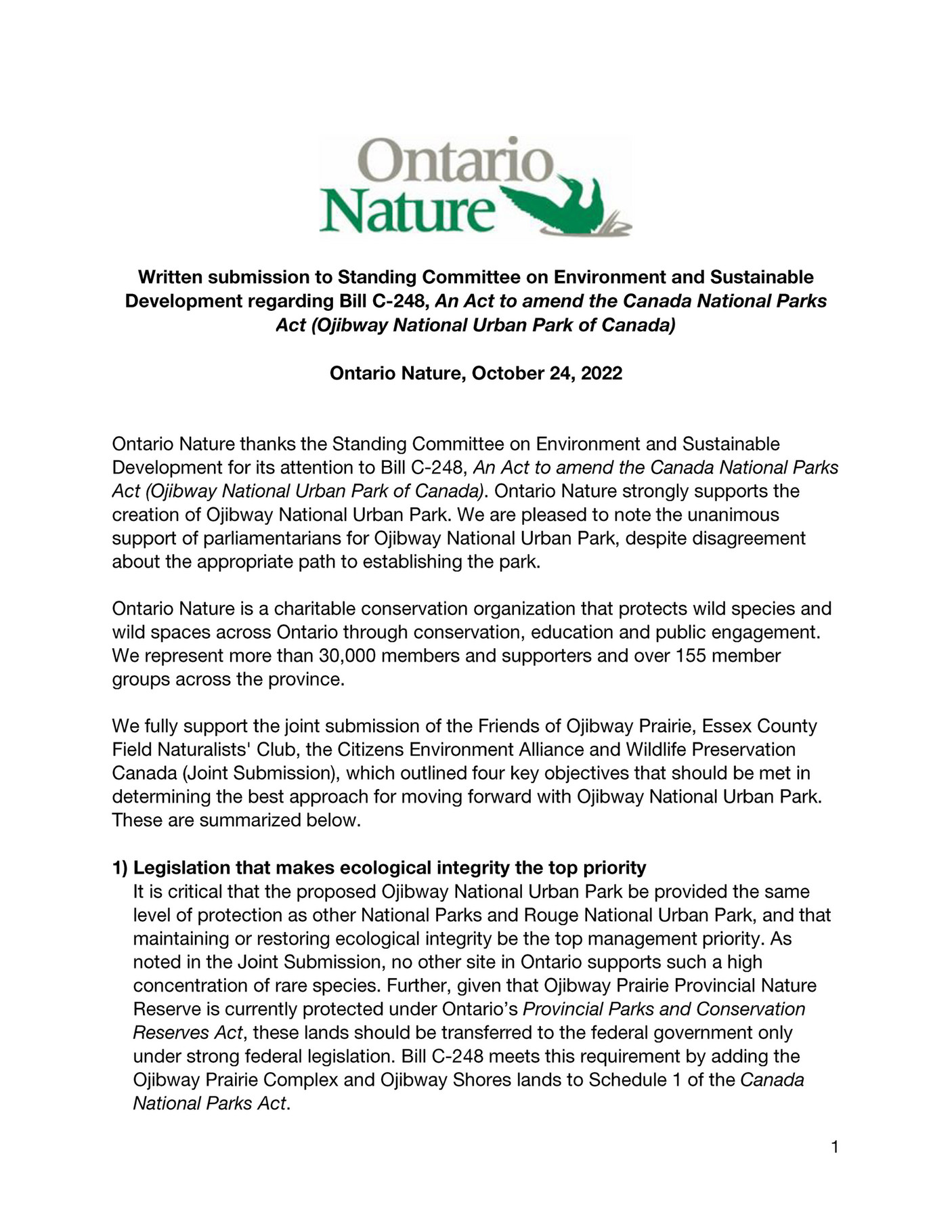 Written submission to Standing Committee on Environment and Sustainable ...