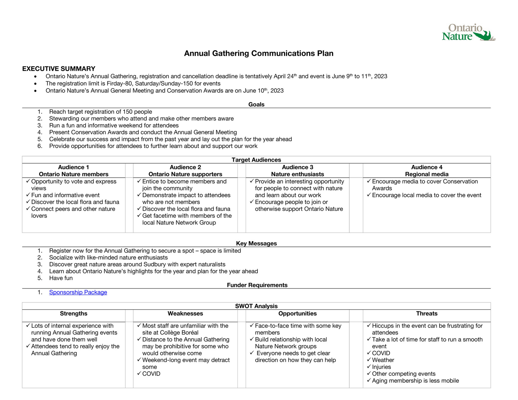 ON Nature magazine - Annual Gathering 2023 Communications Plan - Page 1
