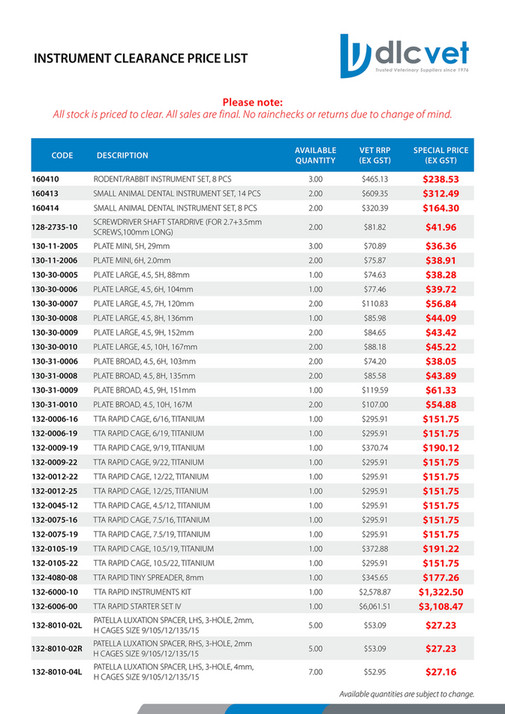 DLC Vet Pty Ltd - DLC Vet Instrument Clearance Price List Interactive ...
