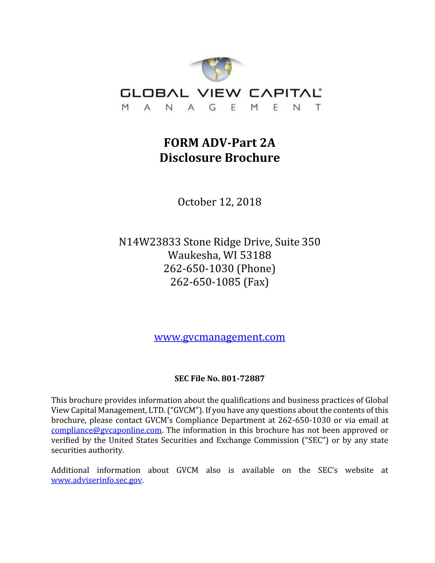 Global View Capital - GVCM Disclosure Brochure (20181012) - Page 1 ...