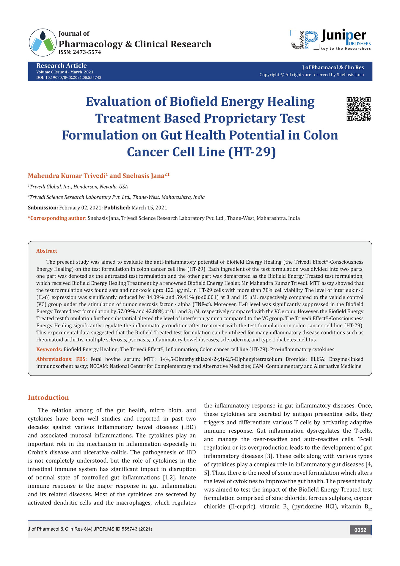 Evaluation of Biofield Energy Healing Treatment Based Proprietary Test ...