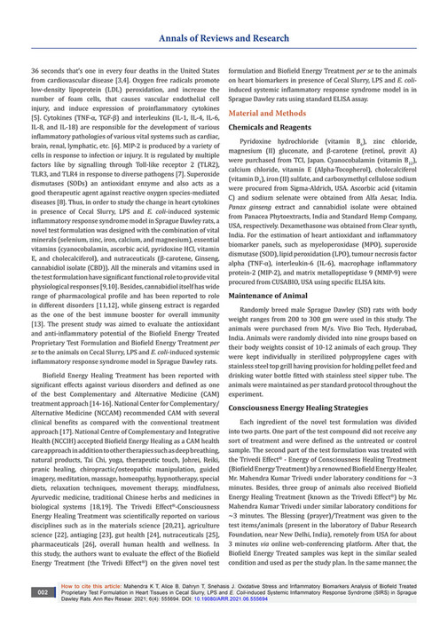 Oxidative Stress and Inflammatory Biomarkers Analysis of Biofield ...
