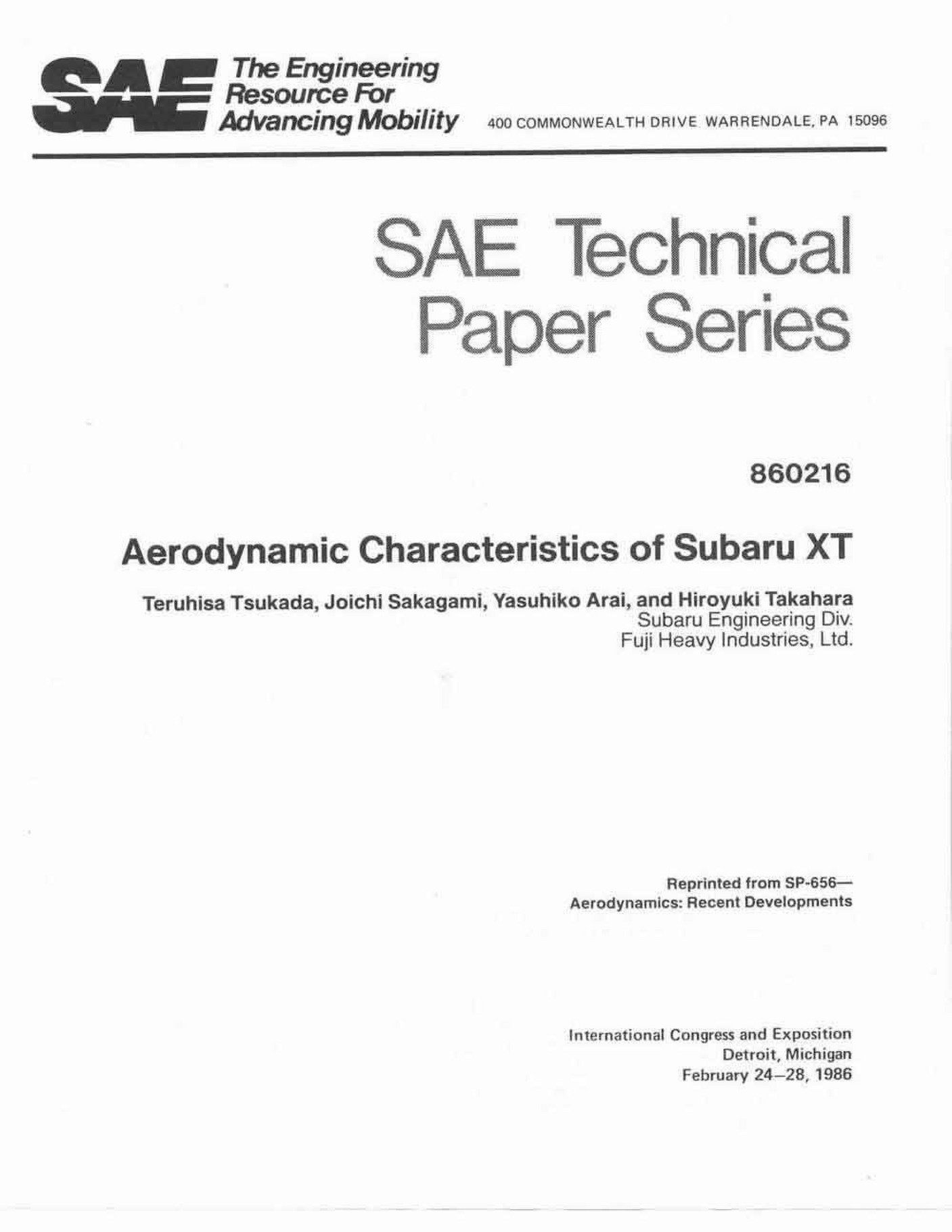 My publications - Aerodynamic Characteristics OfSubaru XT - SAE ...