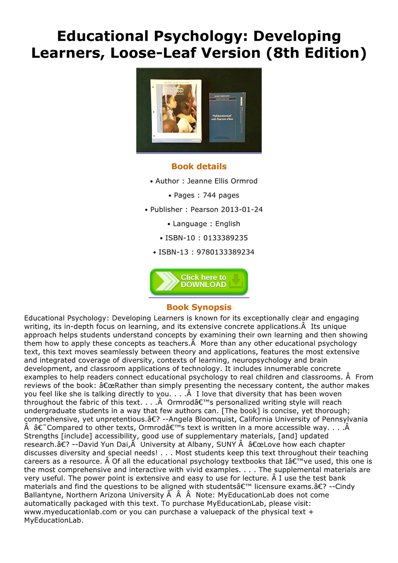 PDF - Educational Psychology Developing Learners Loose Leaf Version 8th ...