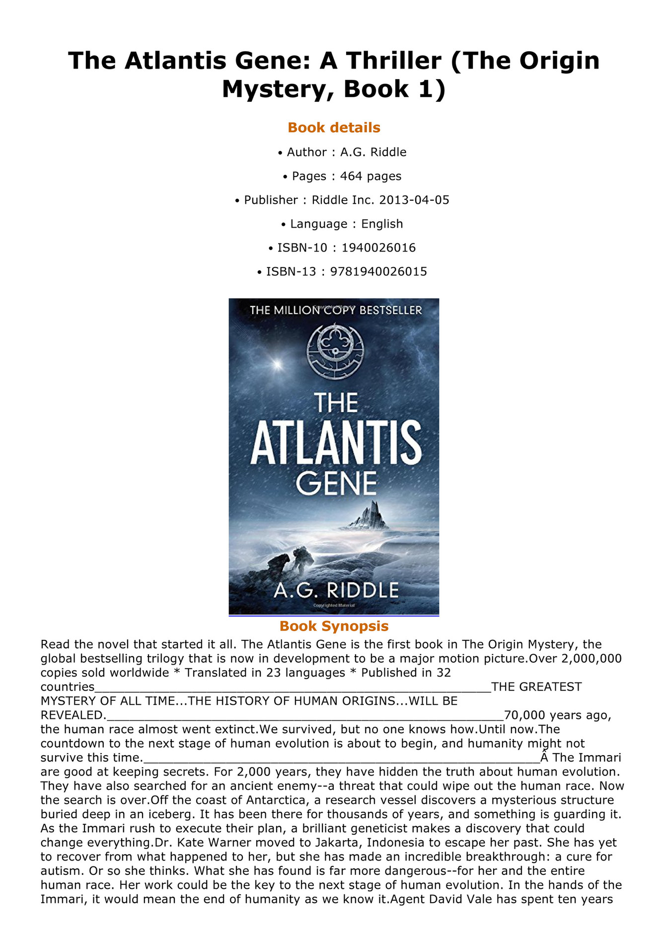 Top - The Atlantis Gene A Thriller The Origin Mystery Book 1 - Page 1 ...