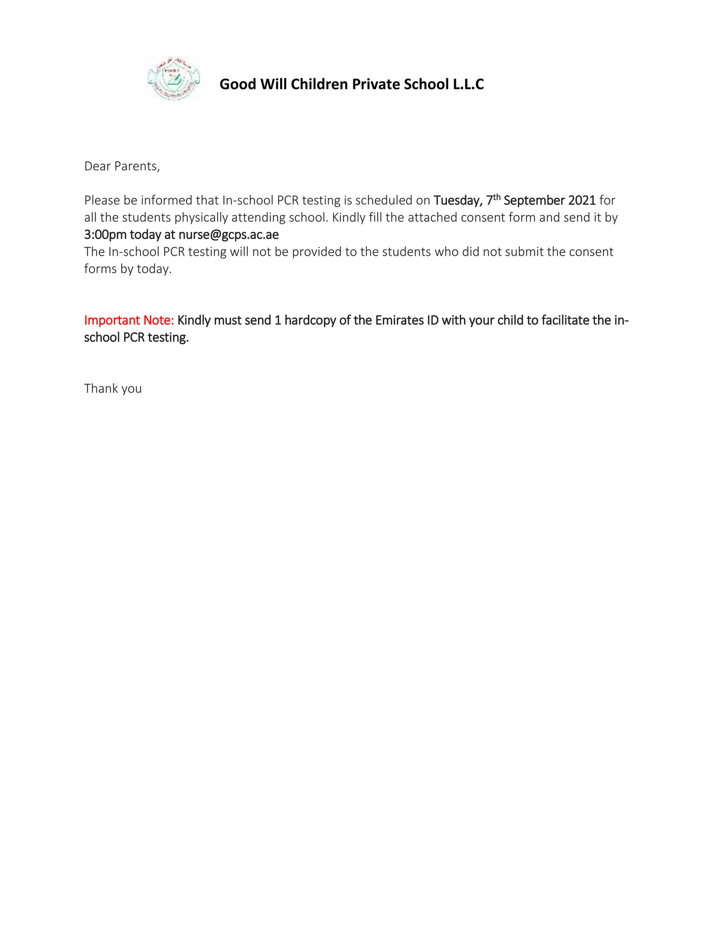 Good Will Children School - Reminder for In school PCR Testing Consent ...