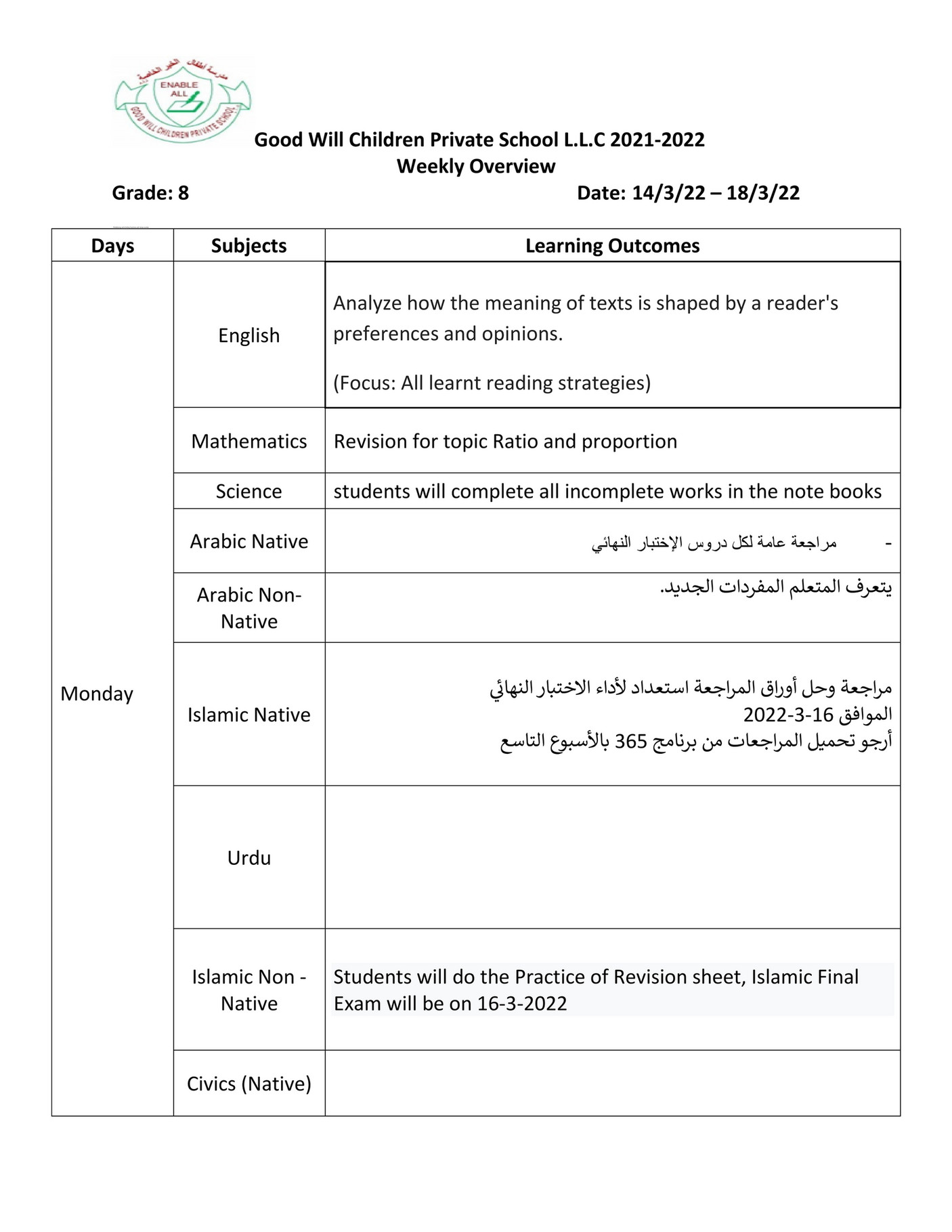 Good Will Children School - Grade 8 learning outcomes Week 11 T2 - Page ...