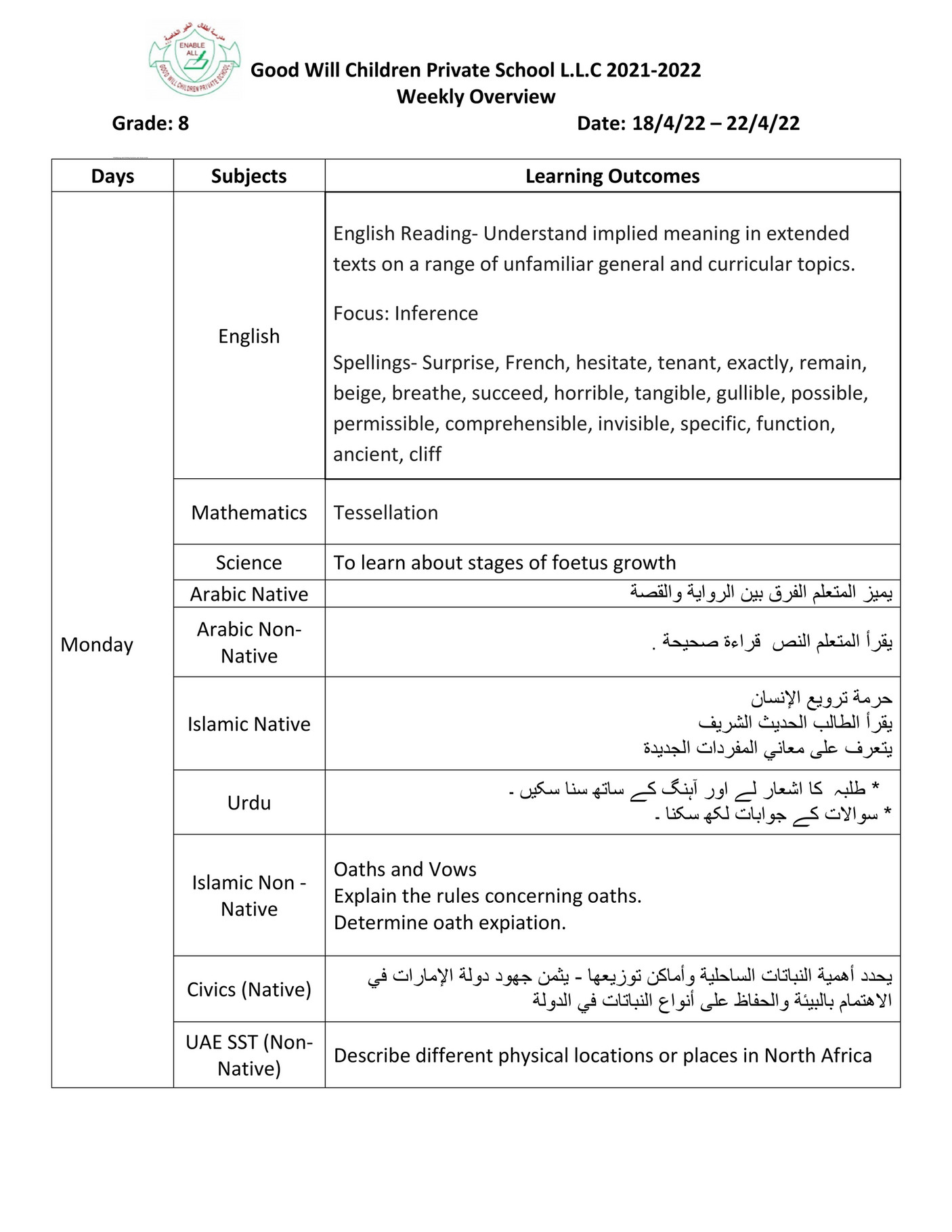 Good Will Children School - Grade-8 Learning outcomes week-2 - Page 1 ...