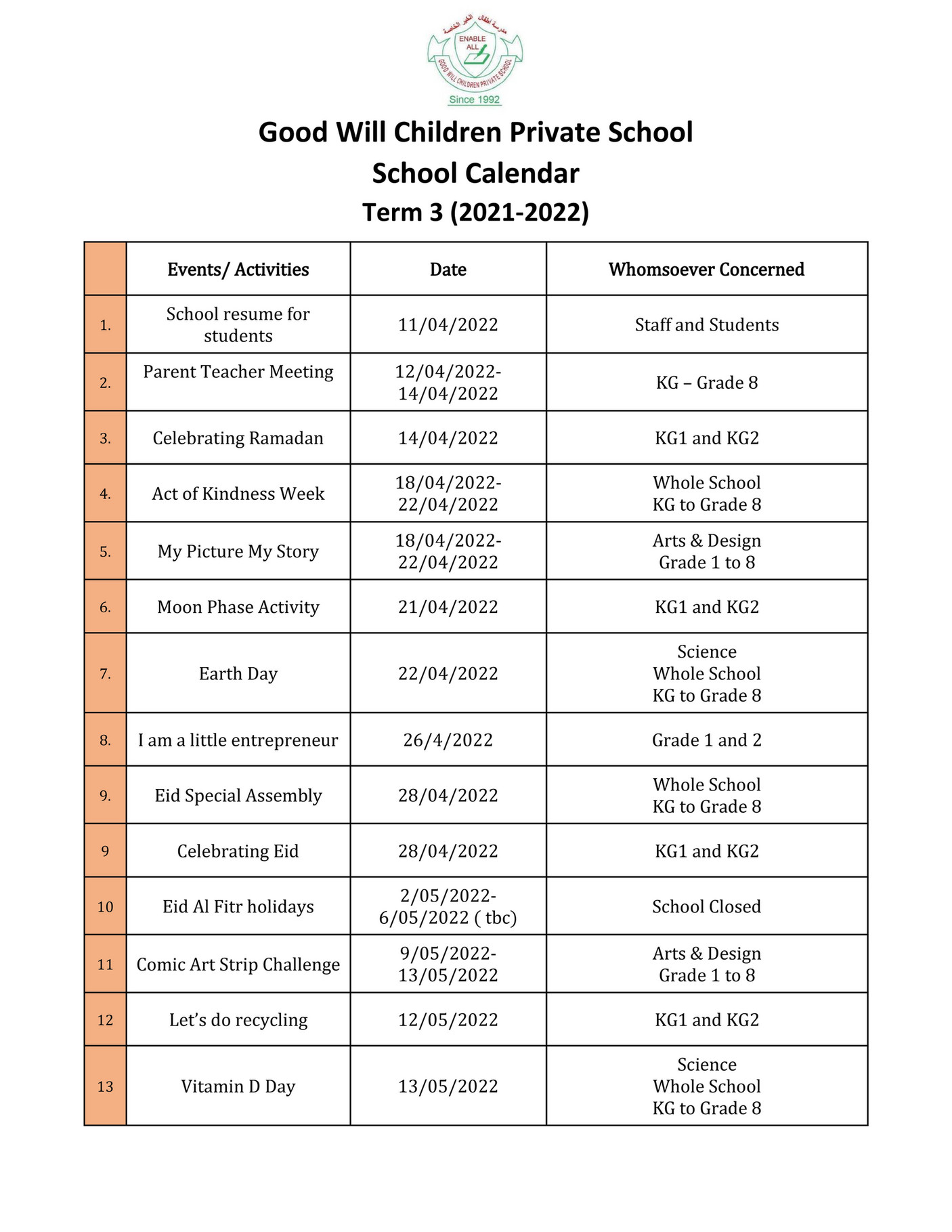 Good Will Children School - Events Calendar - Term 3 ( 2021-2022 ...