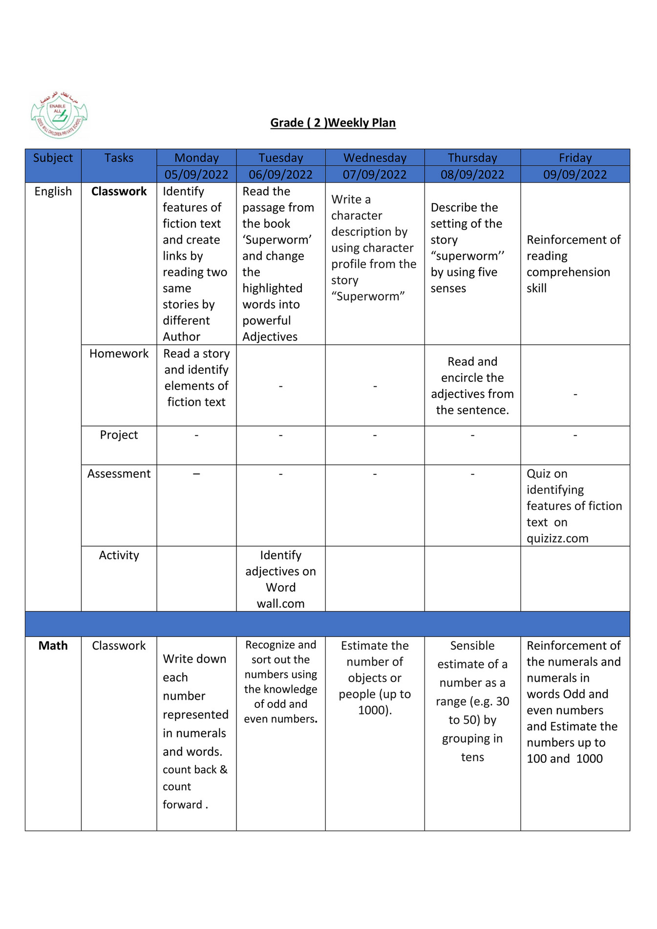 Good Will Children School - GR-2-GCPS Updated Weekly Plan Template ...