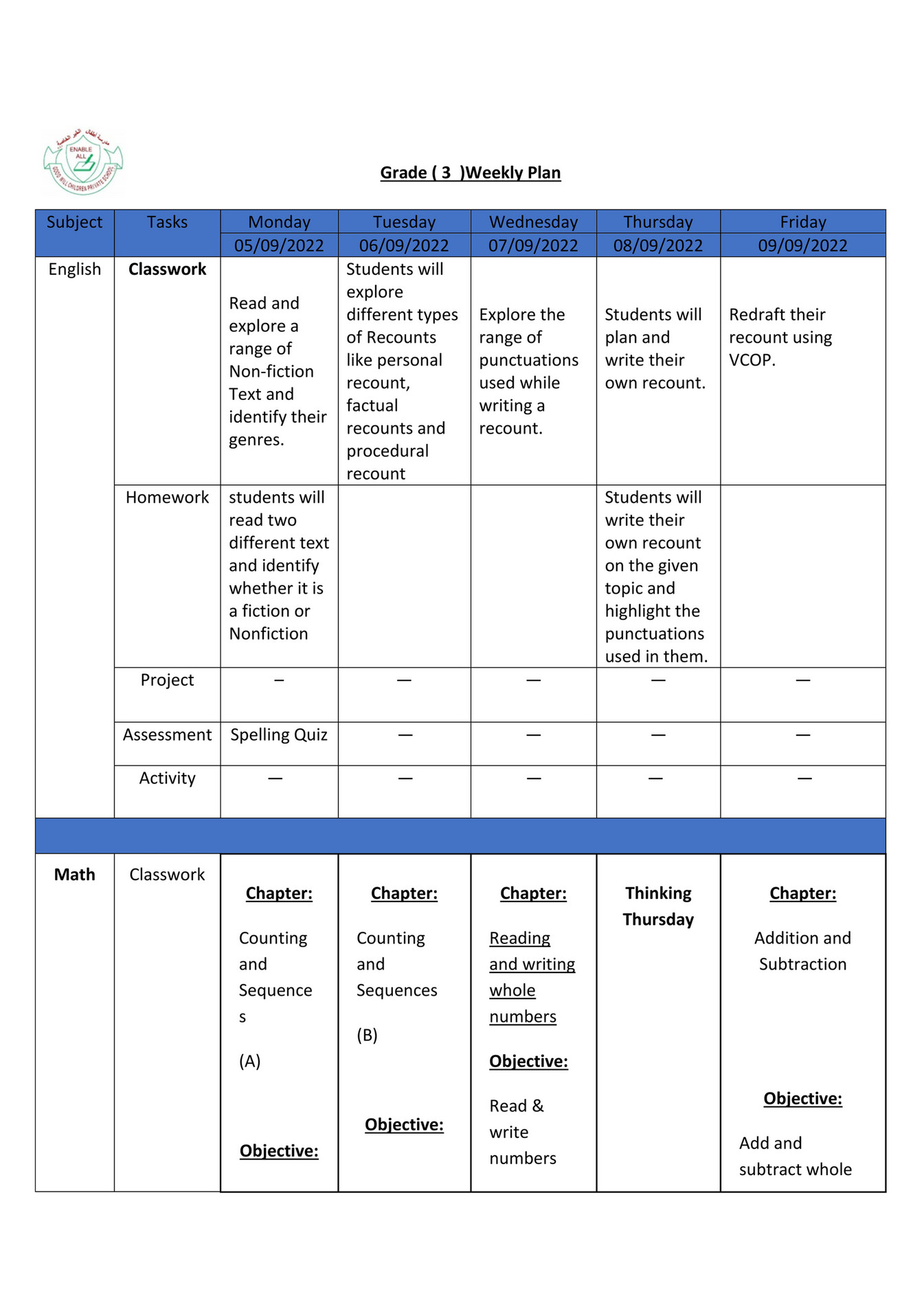 Good Will Children School - GR-3-GCPS Updated Weekly Plan Template ...