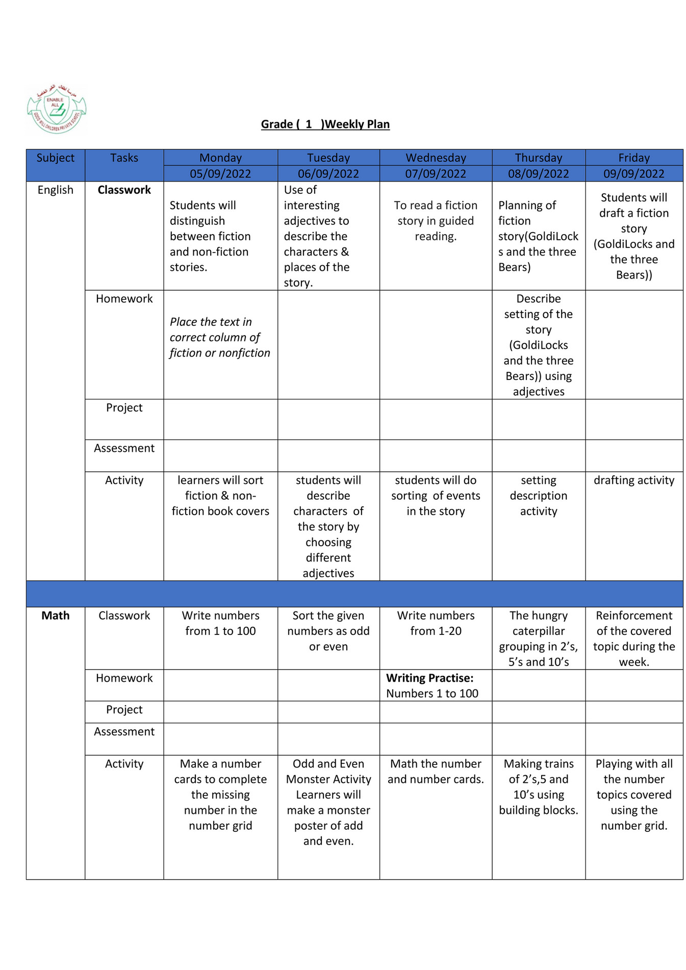 Good Will Children School - GR-1-GCPS Updated Weekly Plan Template ...