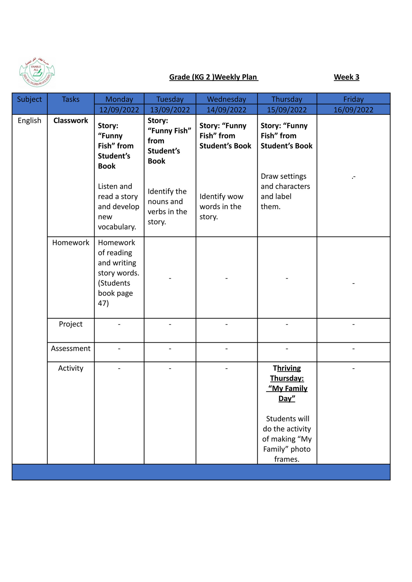 Good Will Children School - KG 2 -Weekly Plan-Week 3 - Page 1 - Created ...