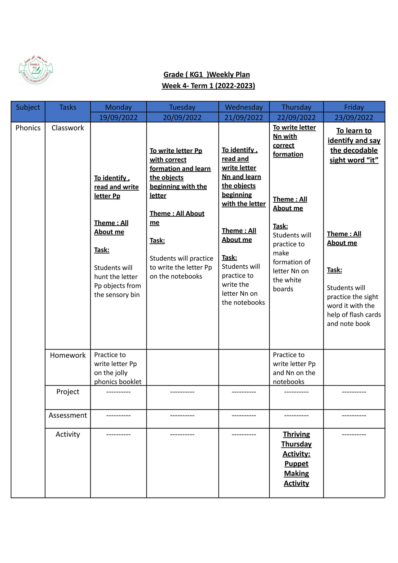 Good Will Children School - KG 1 -Weekly Plan-Week 4 - Page 1 - Created ...
