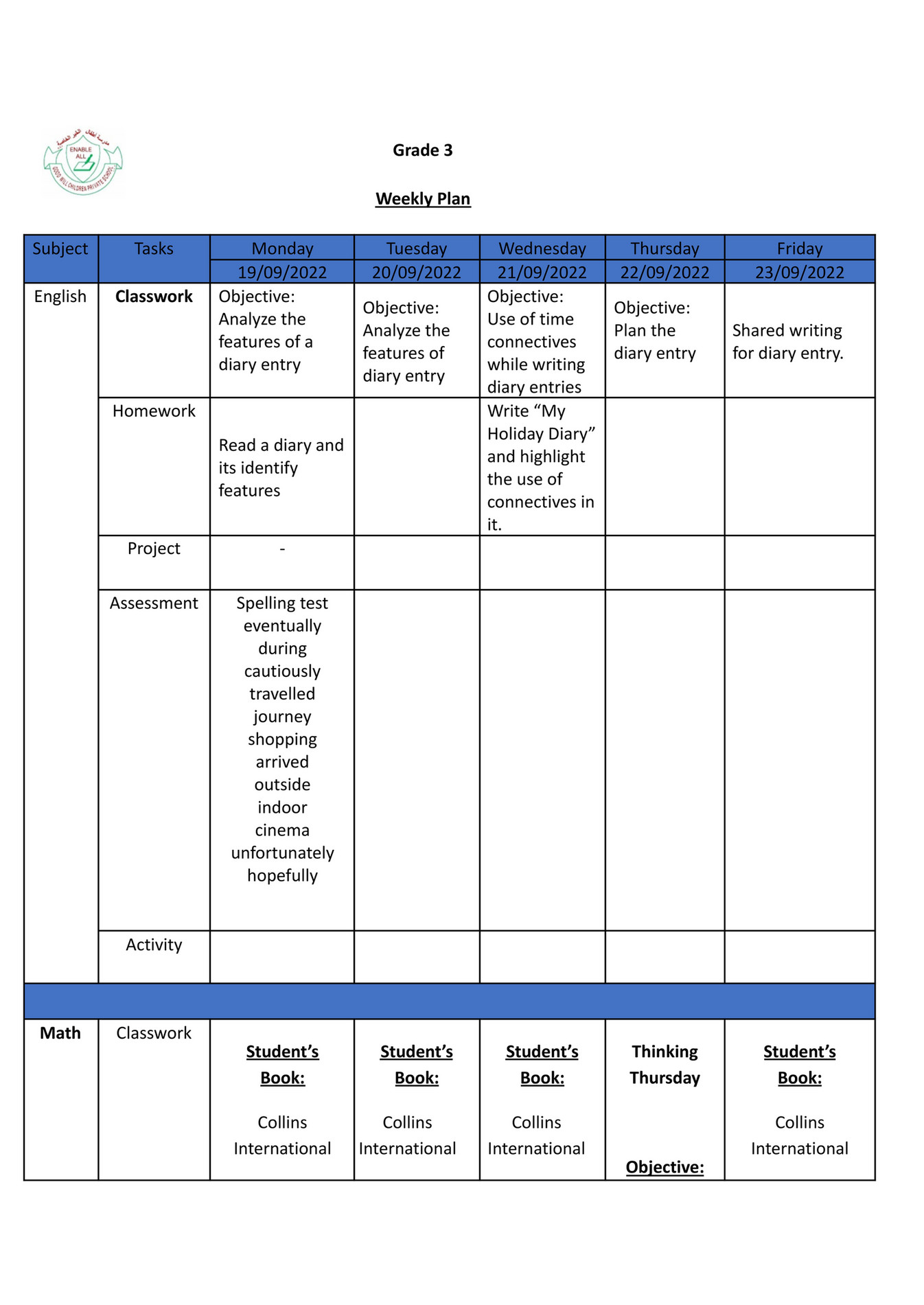 Good Will Children School - GR-3 -Weekly Plan-Week 4 - Page 1 - Created ...
