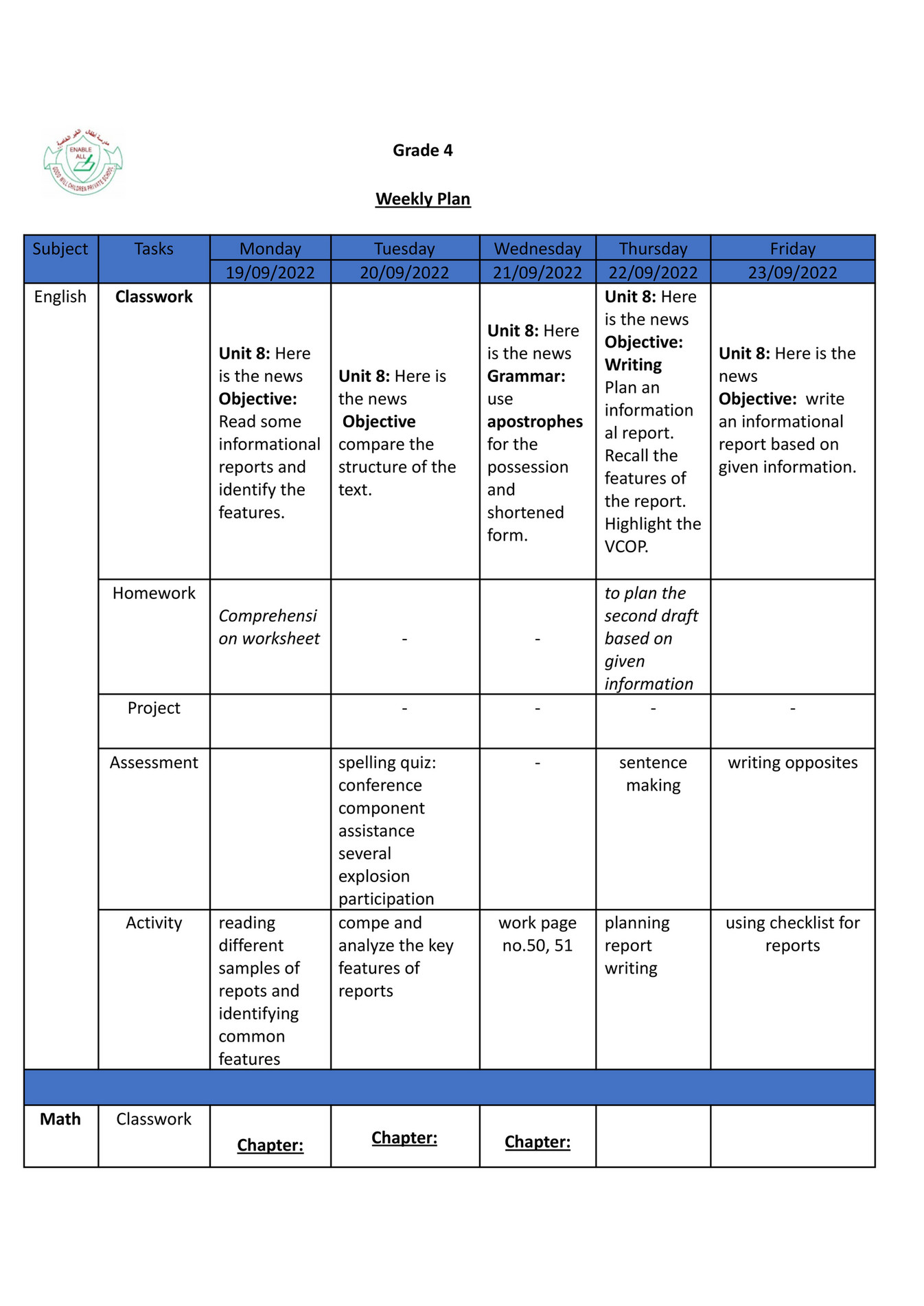 Good Will Children School - GR-4 -Weekly Plan-Week 4 - Page 1 - Created ...