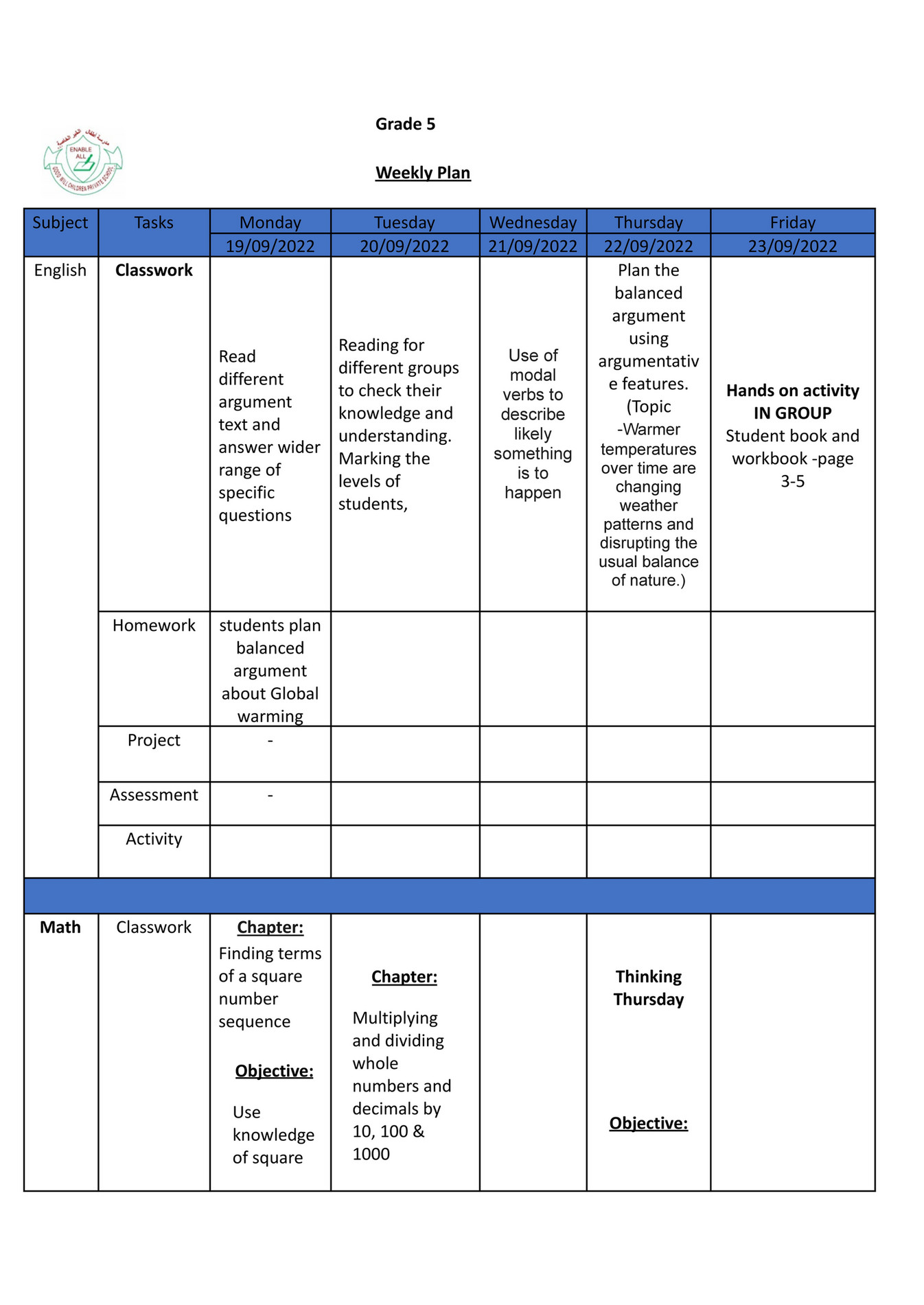 Good Will Children School - GR-5 -Weekly Plan-Week 4 - Page 1 - Created with Publitas.com