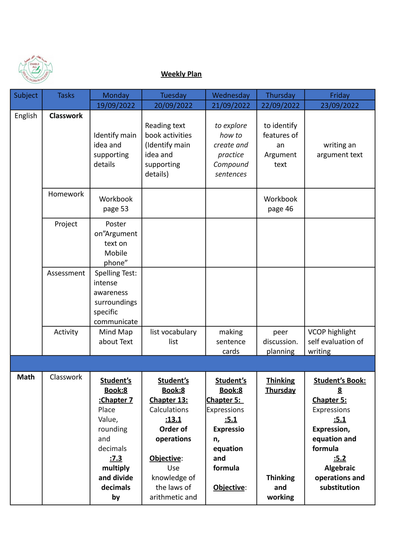 Good Will Children School - GR-7 -Weekly Plan-Week 4 - Page 1 - Created ...