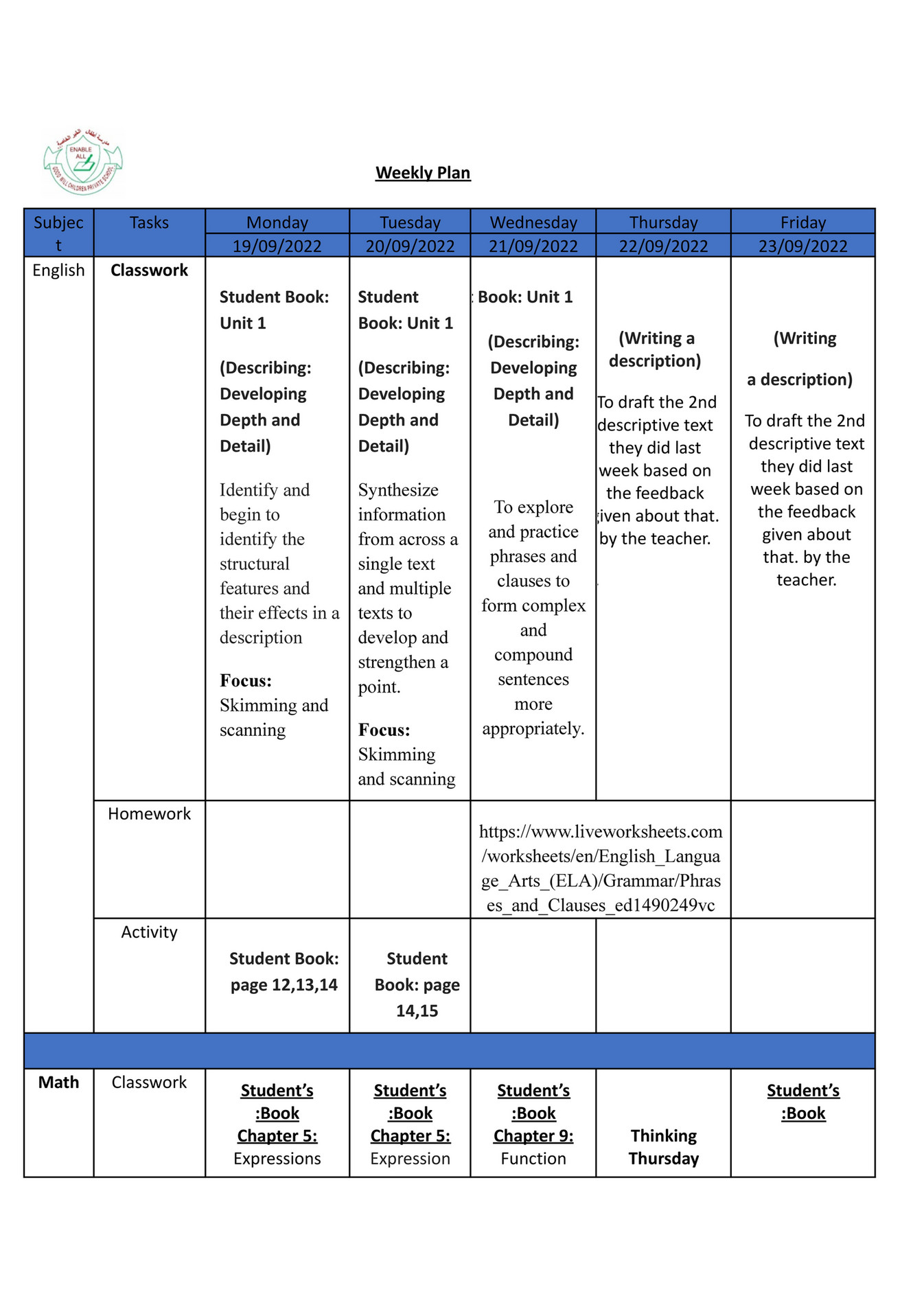 Good Will Children School - GR-8 -Weekly Plan-Week 4 - Page 1 - Created ...